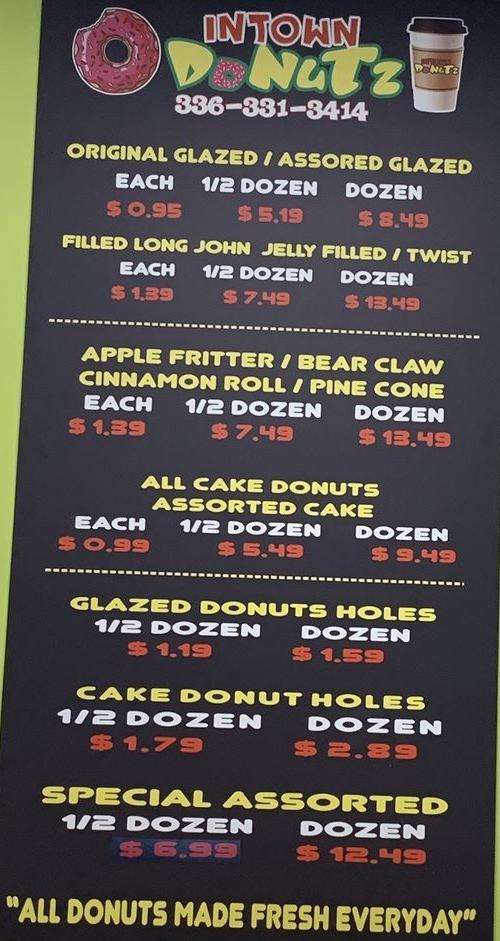 Intown Donutz menu in Winston-Salem, North Carolina, USA