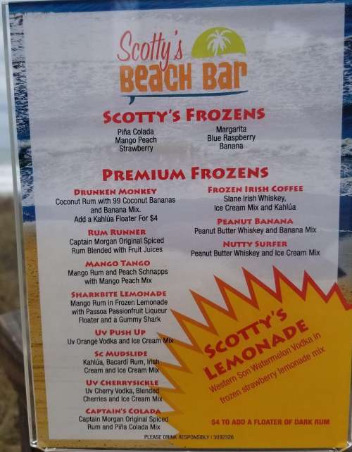 Scotty's Beach Bar menu in Surfside Beach, South Carolina, USA