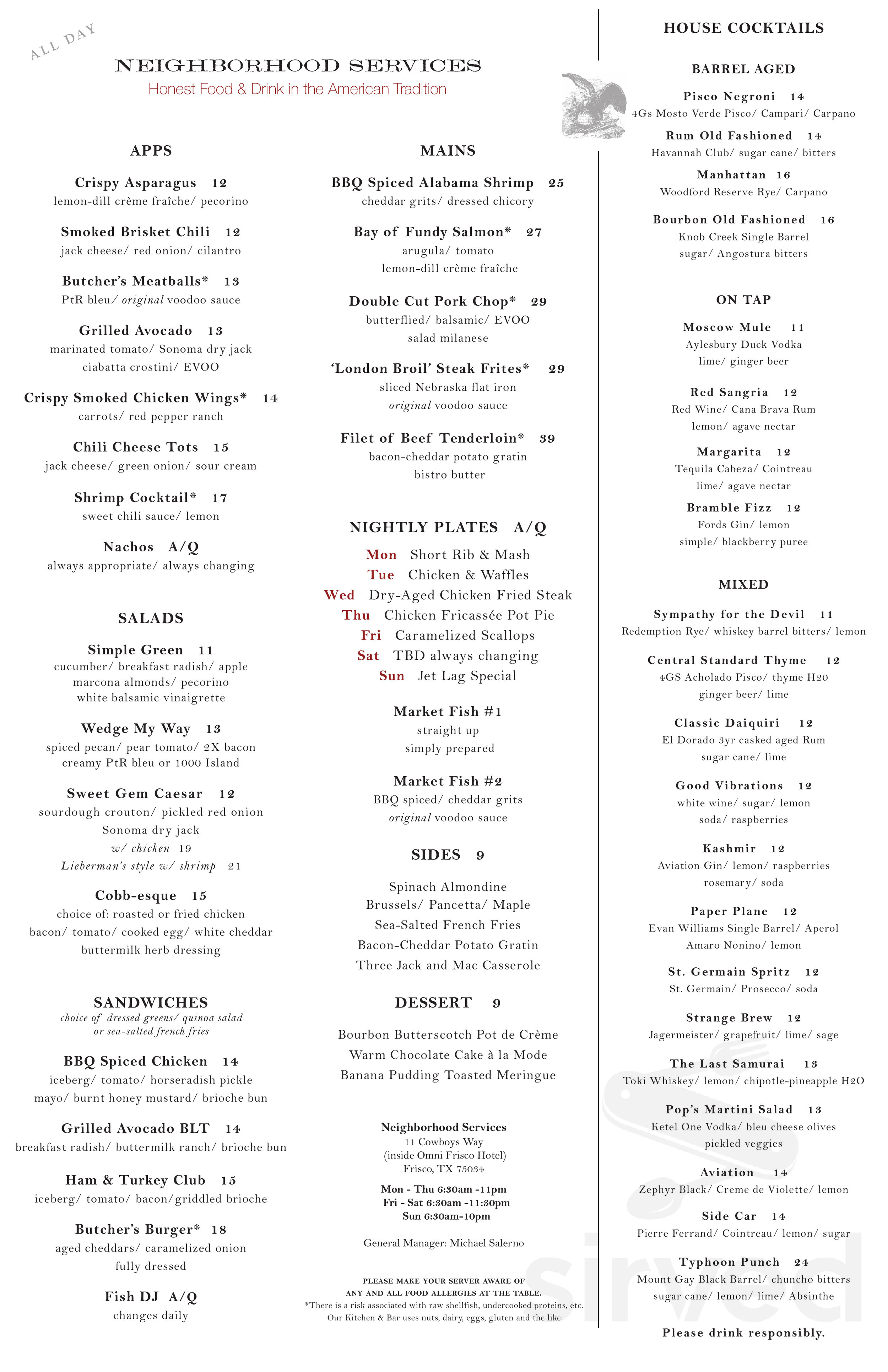 Menu for Neighborhood Services in Frisco, TX | Sirved