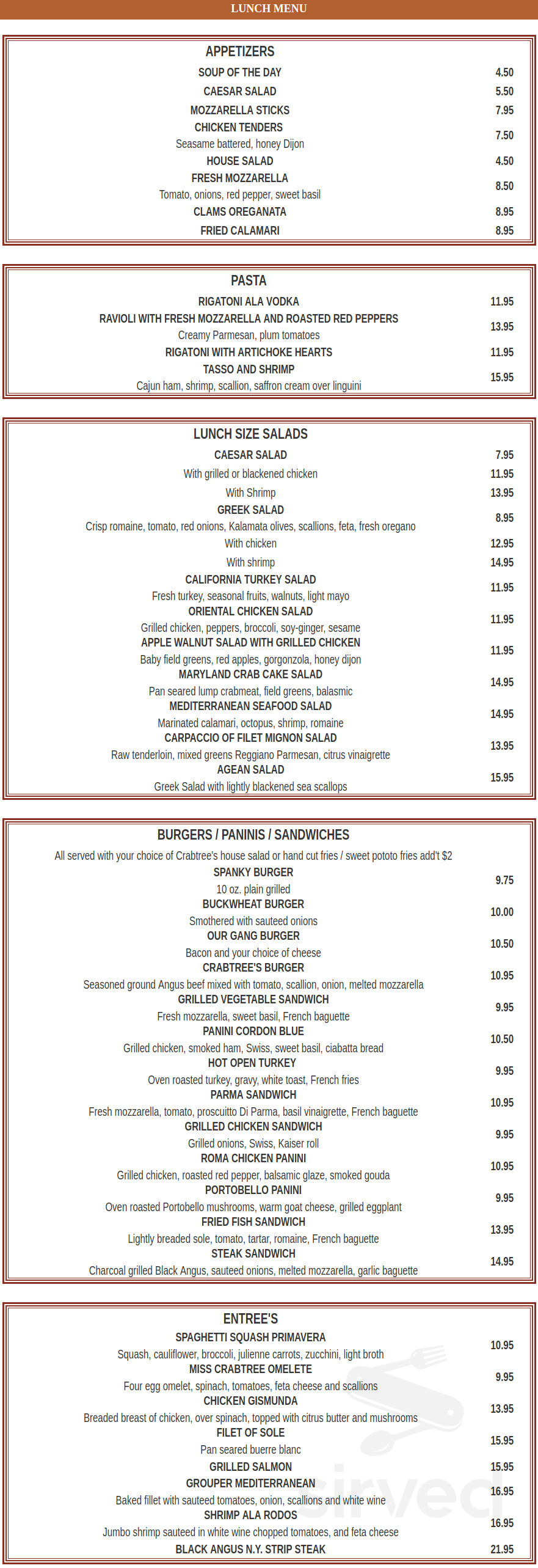 Menu - Floral Park NY's Crabtree's Restaurant | Sirved