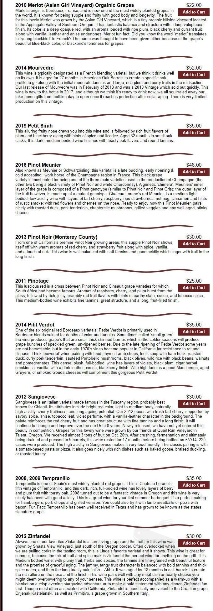 Chateau Lorane menu in Lorane, Oregon, USA