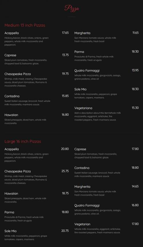 Acappella Italian Restaurant menu in Fallston, Maryland, USA