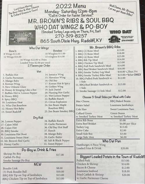 Mr. Brown, Who Dat Wingz, & PoBoy menu in Radcliff, Kentucky, USA