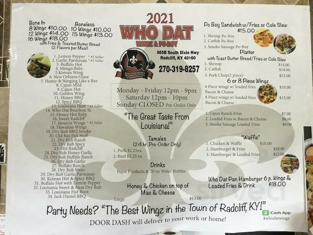 Mr. Brown, Who Dat Wingz, & PoBoy menu in Radcliff, Kentucky, USA