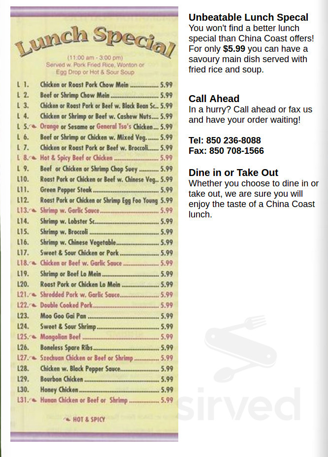 Menu - Panama City Beach FL's China Coast | Sirved
