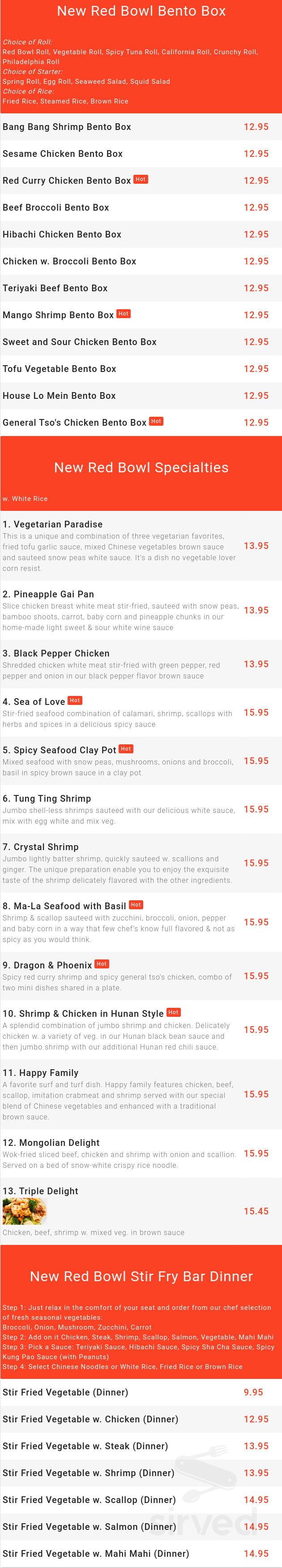 New Red Bowl menu in Athens, Georgia, USA