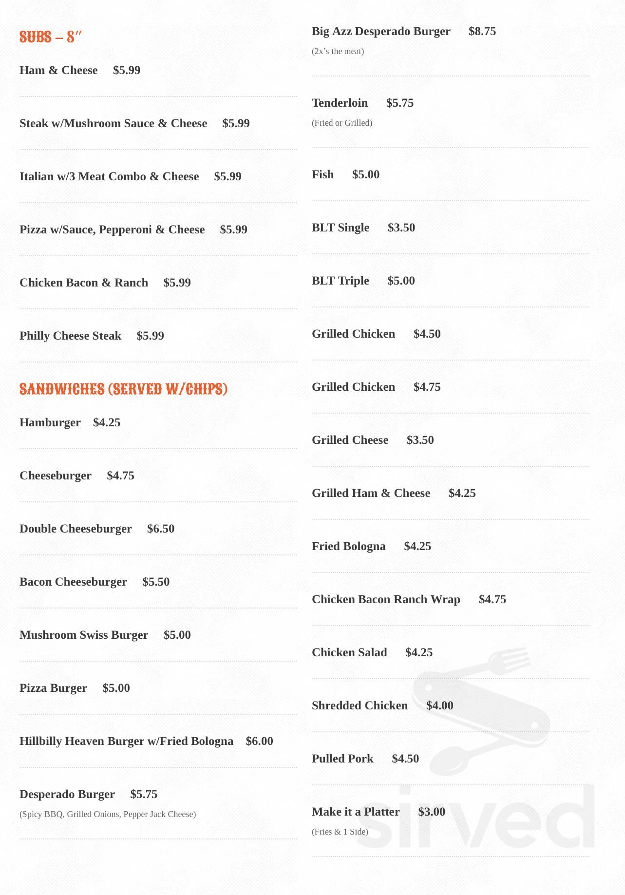 Desperado's menu in Huntsville, Ohio, USA