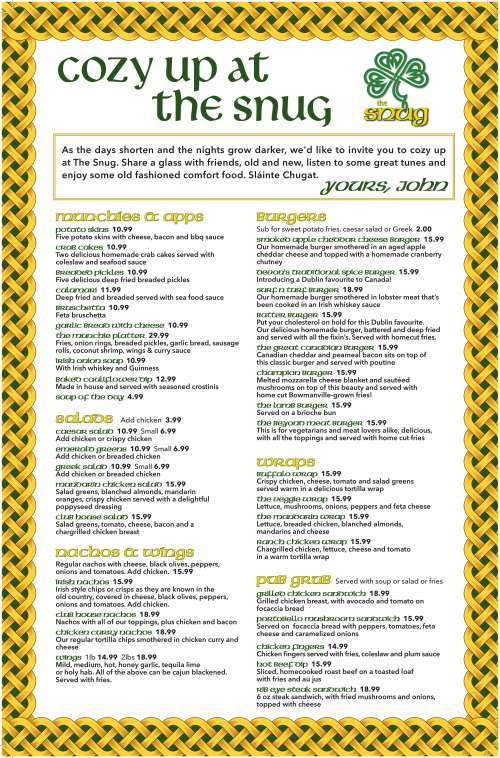 Walsh's Snug menu in Newcastle, Ontario, Canada