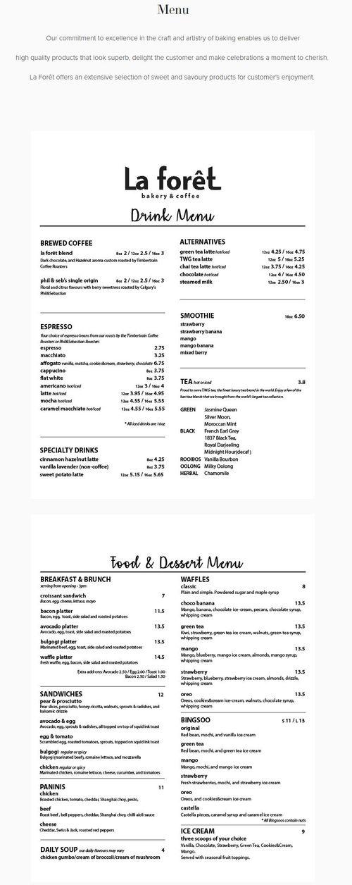 La Forêt Bakery and Coffee menu in Burnaby, British Columbia, Canada