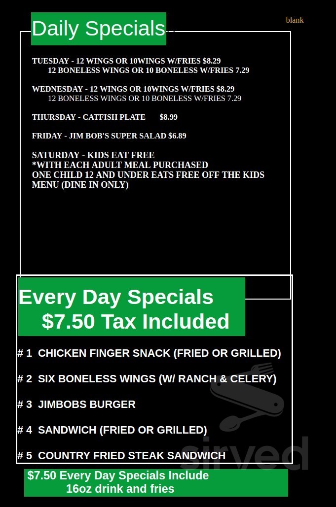 Menu for Jim Bob's Chicken Fingers in Opelika, AL | Sirved