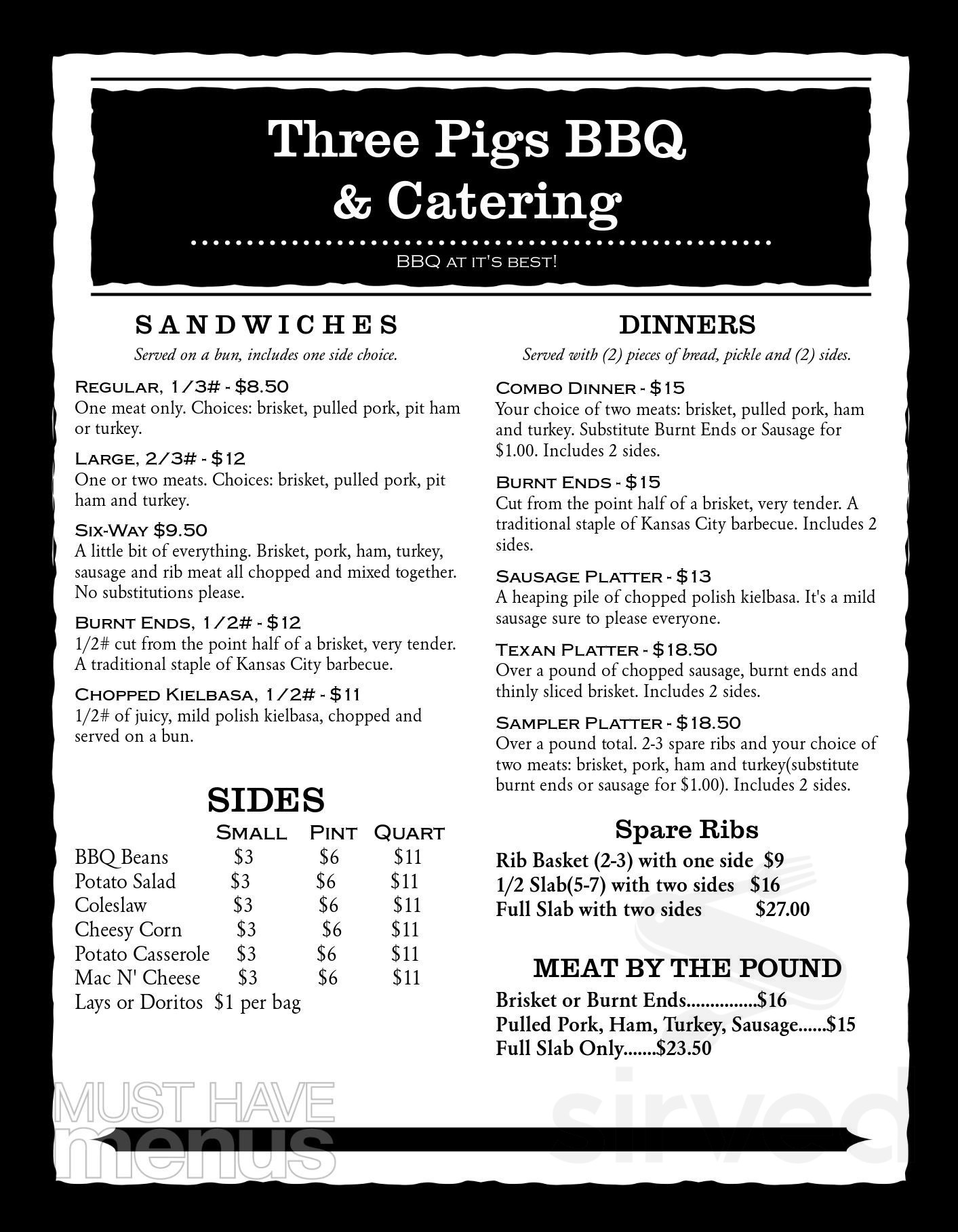 Three Pigs BBQ menu in Independence, Missouri, USA