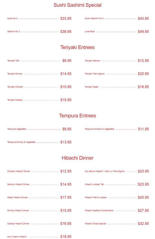 Ginza Sushi-Hibachi (Asian Fusion) menu in Louisville, Colorado, USA