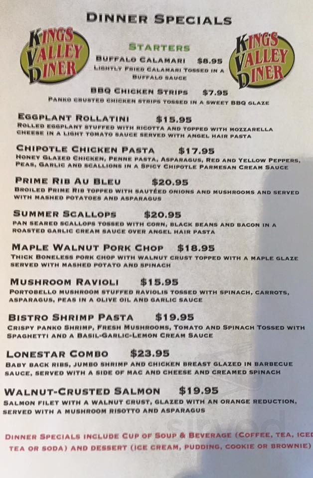 Menu for Kings Valley Diner in Kingston, NY | Sirved
