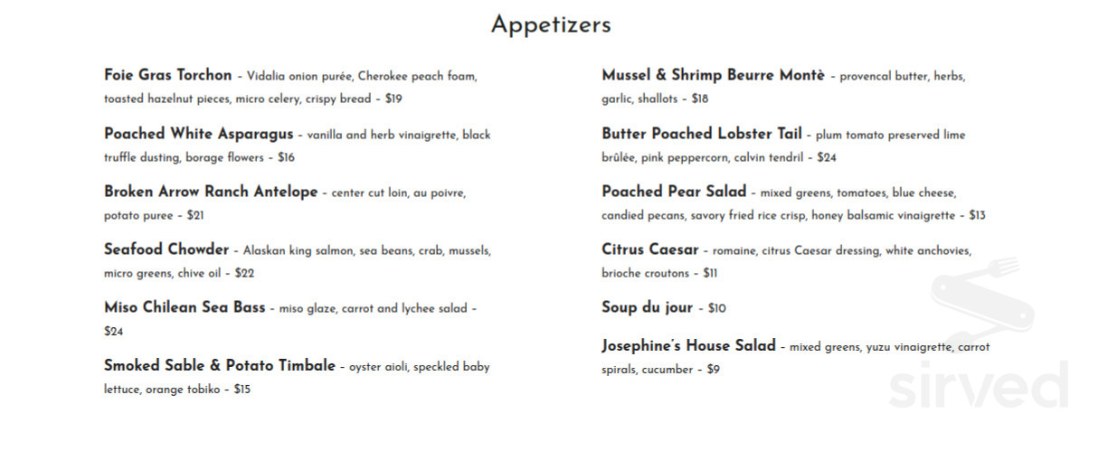 Menu for Josephine's Downtown in Lancaster, PA | Sirved