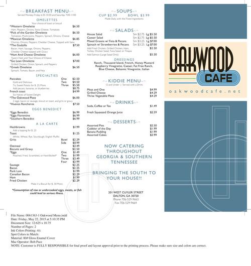 Oakwood Cafe menu in Dalton, Georgia, USA