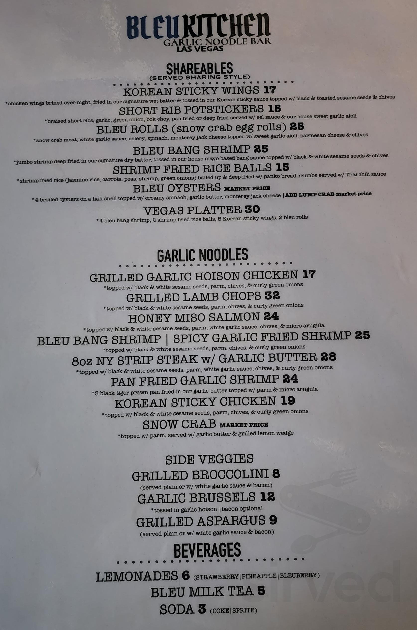 Bleu Kitchen Garlic Noodle Bar menu in Las Vegas, Nevada, USA