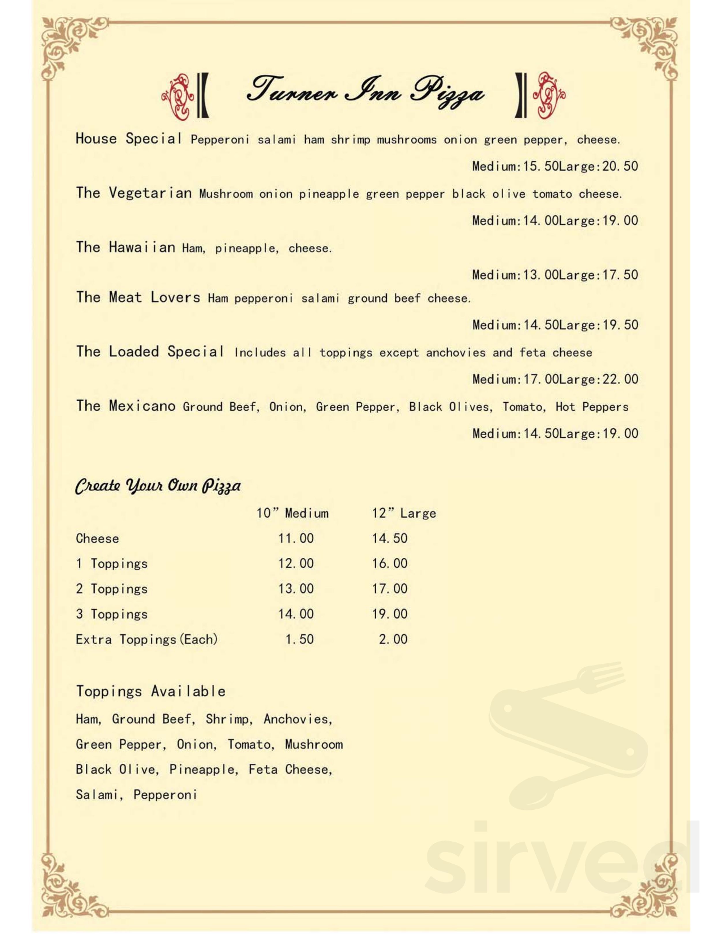 Turner Inn Family Restaurant menu in Turner Valley, Alberta, Canada