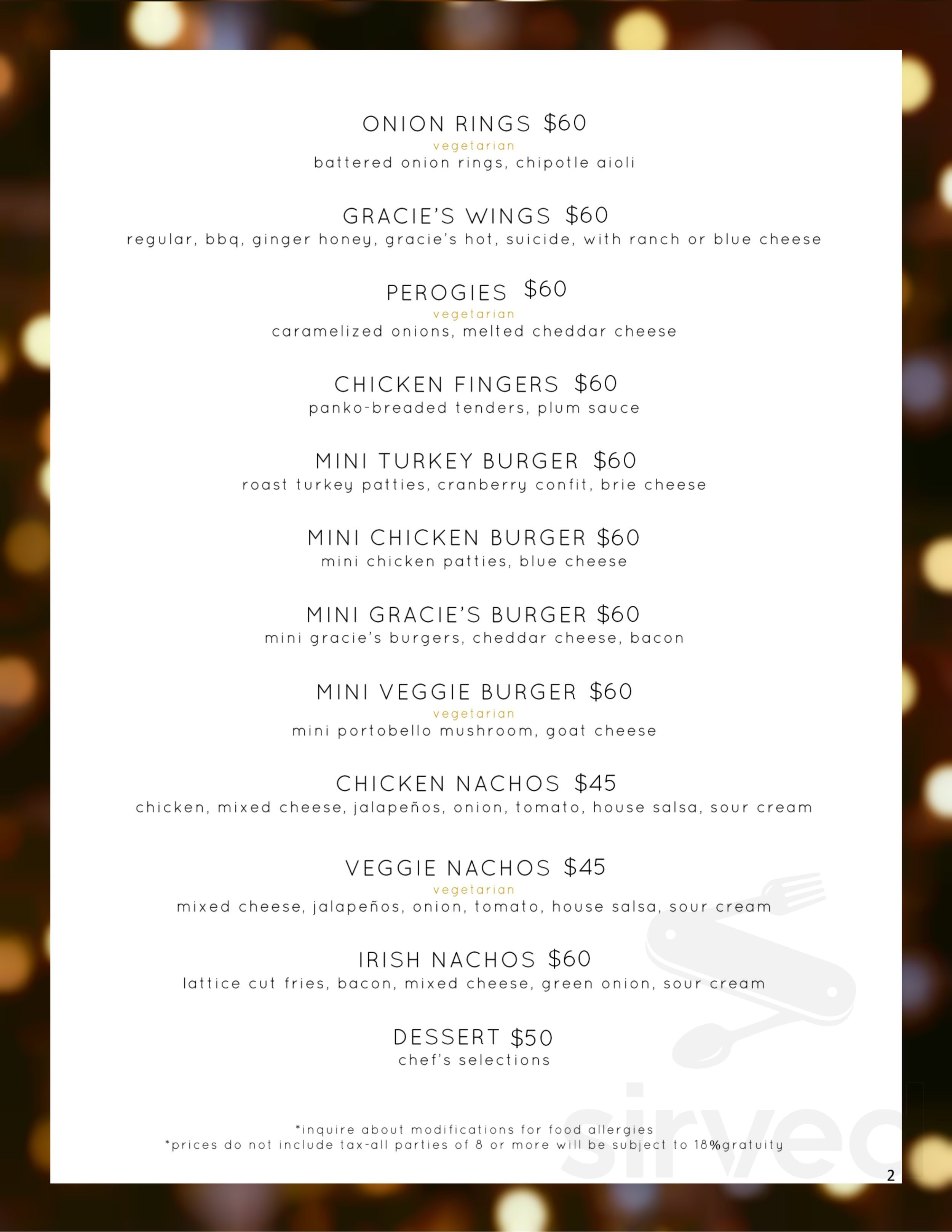 Grace O'Malley's menu in Toronto, Ontario, Canada