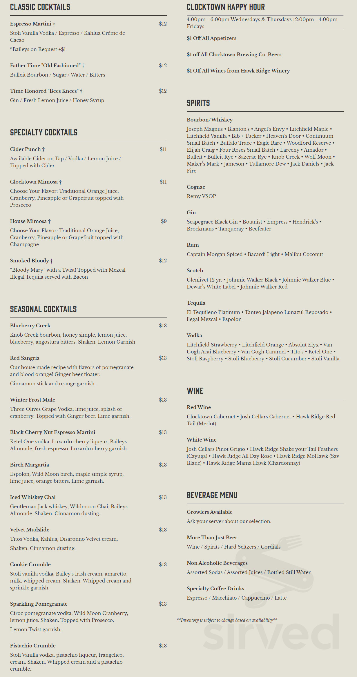 Clocktown Brewing Company menus in Thomaston, Connecticut, United States