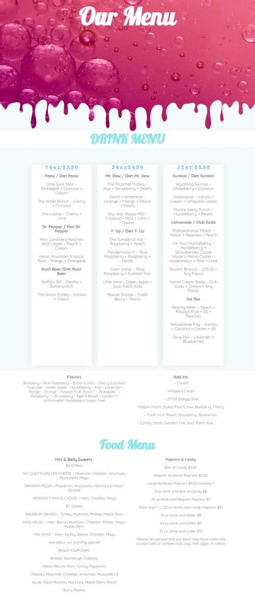 Sweets Soda Shoppe menu in Cody, Wyoming, USA