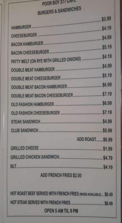 Poor Boy 377 Cafe menu in Whitesboro, Texas, USA