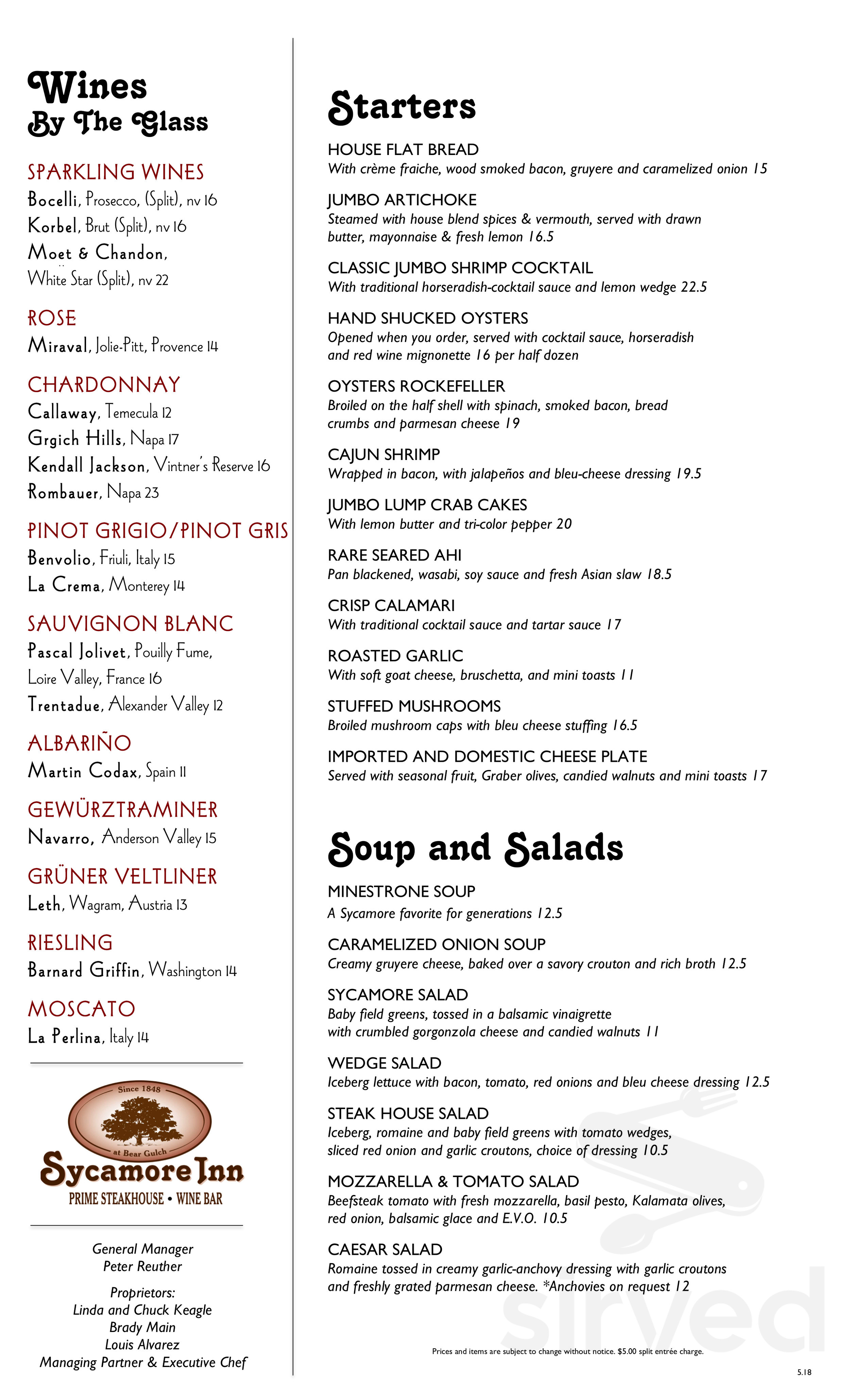 Menu for The Sycamore Inn in Rancho Cucamonga, CA | Sirved
