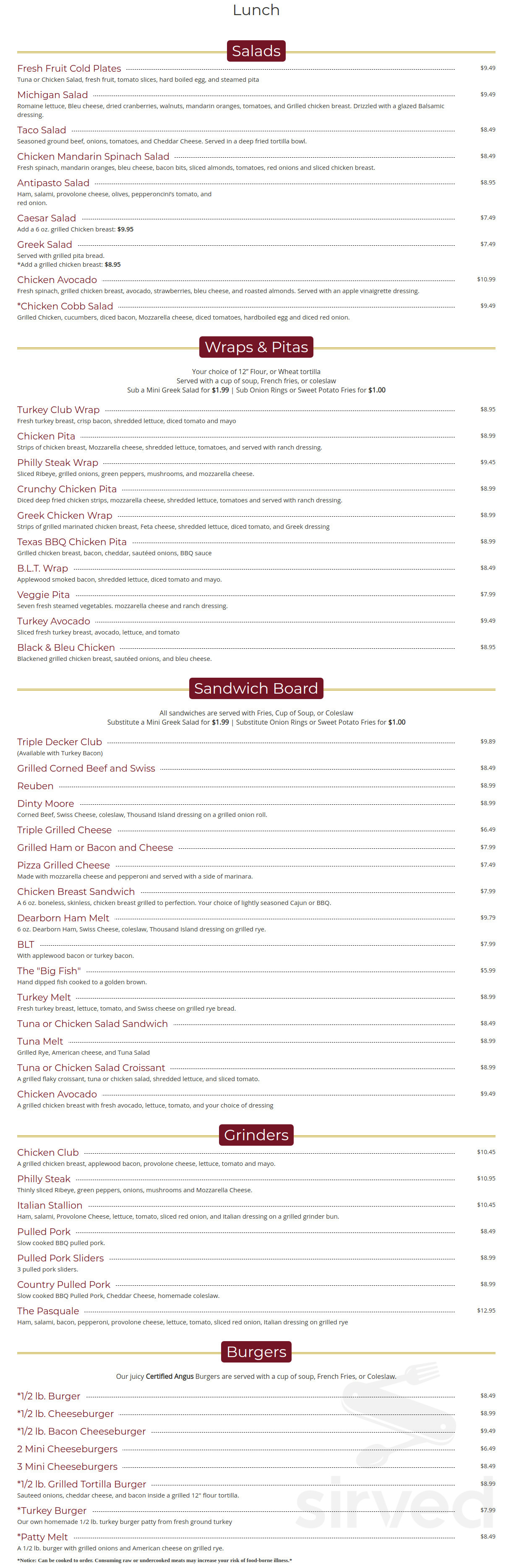 Secret Recipes Family Dining menu in Taylor, Michigan, USA