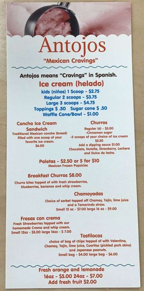Antojos menu in North Cape May, New Jersey, USA