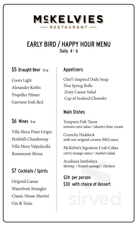 Menu for McKelvie's Restaurant in Halifax, NS | Sirved