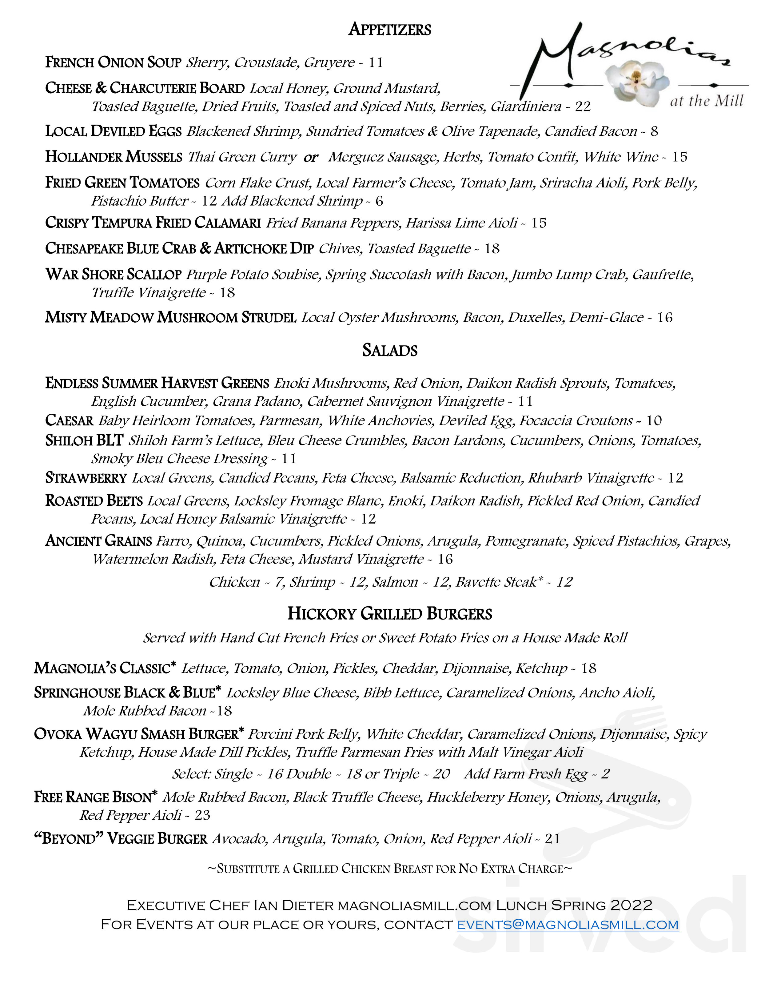 Magnolias at the Mill menu in Purcellville, Virginia, USA