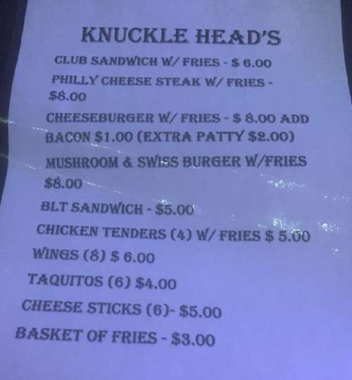 Knuckleheads menu in San Antonio, Texas, USA