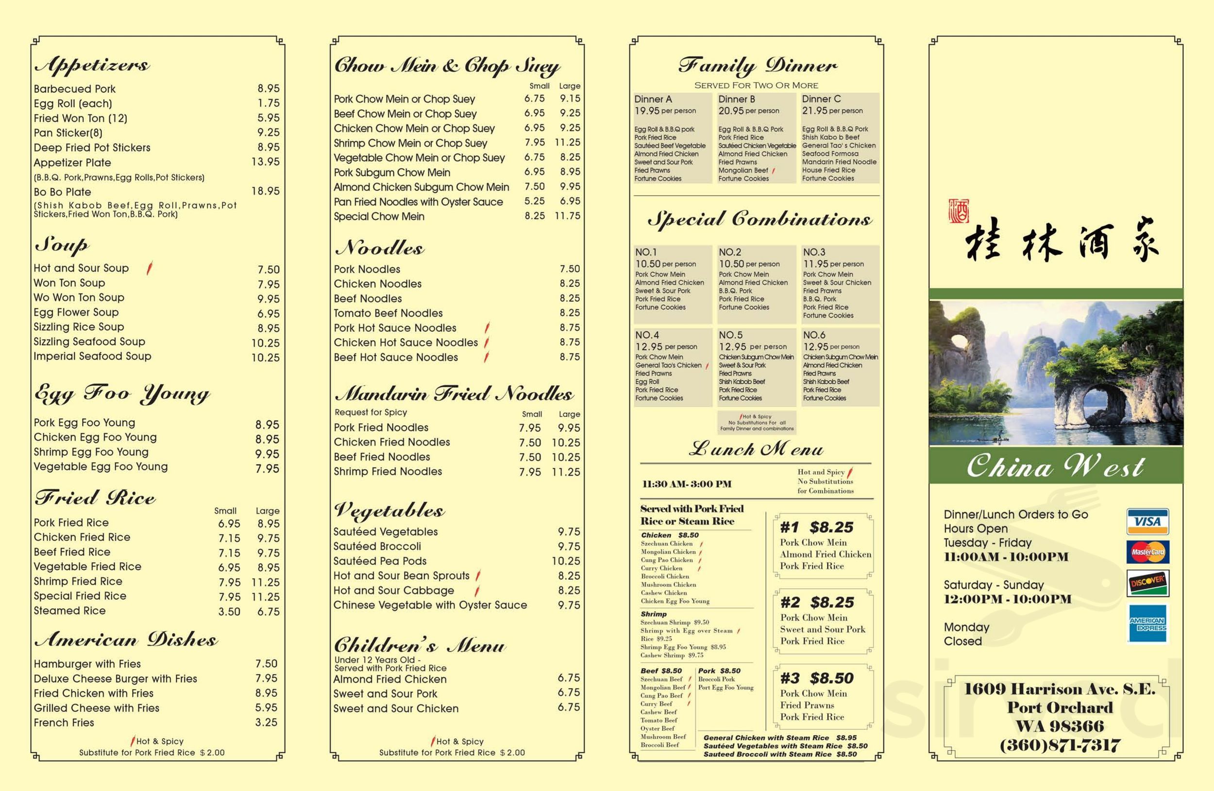China West menu in Port Orchard, Washington, USA