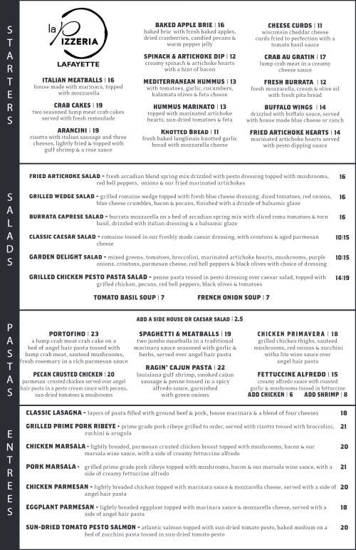 La Pizzeria Lafayette menu in Lafayette, Louisiana, USA