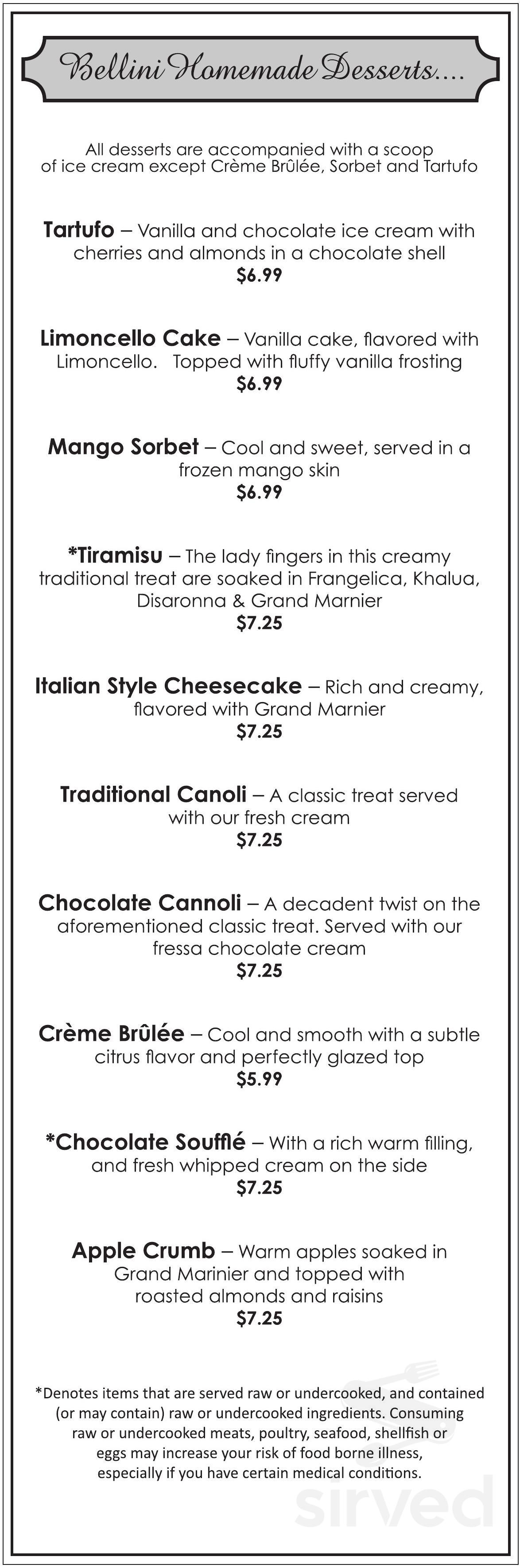Bellini Italian Cuisine menu in Holly Springs, North Carolina, USA