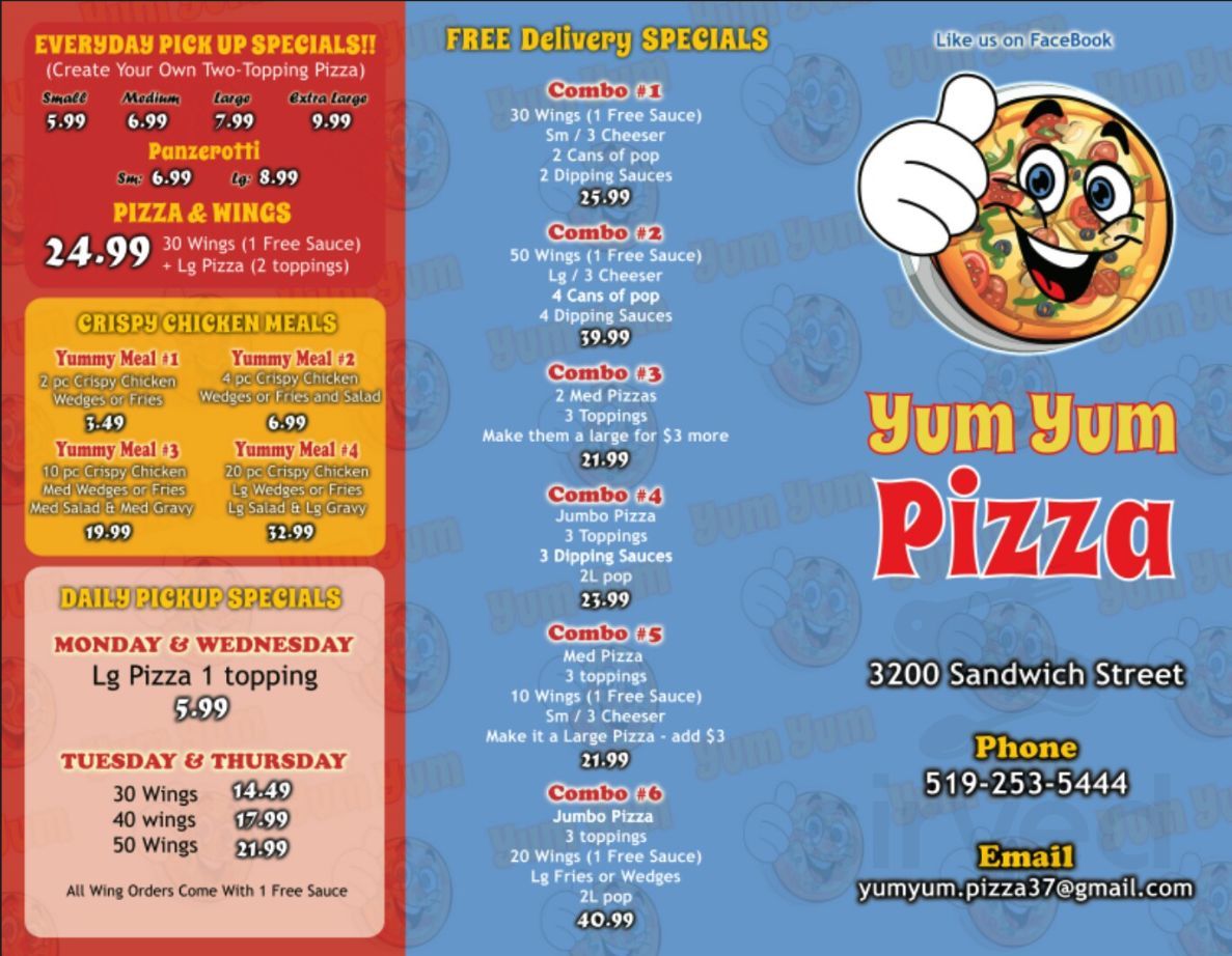 Yum Yum Pizza menu in Windsor, Ontario, Canada
