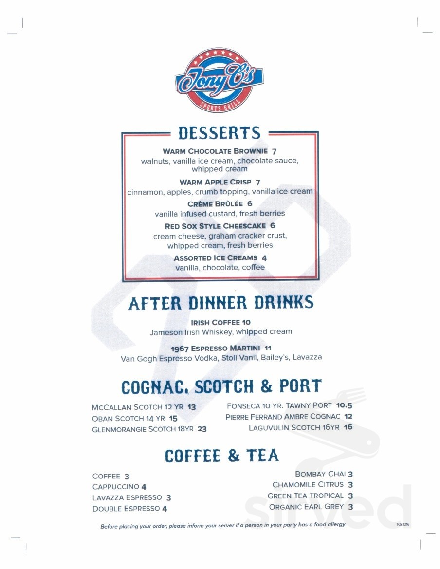 Tony C's Sports Bar & Grill menu in Burlington, Massachusetts, USA