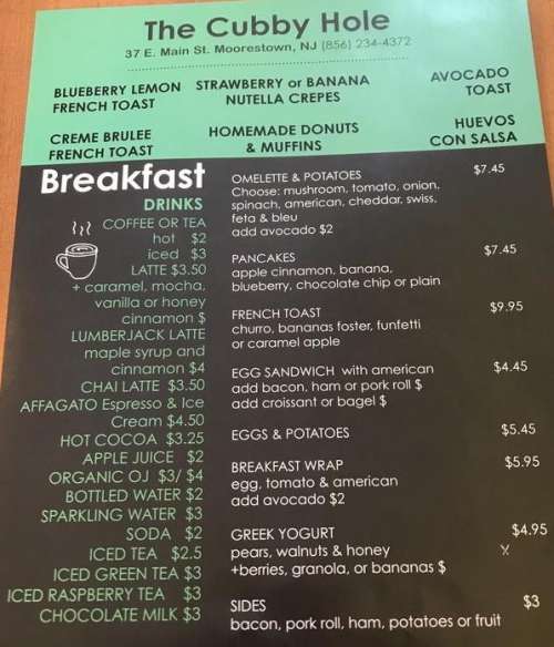 The Cubby Hole menu in Moorestown, New Jersey, USA