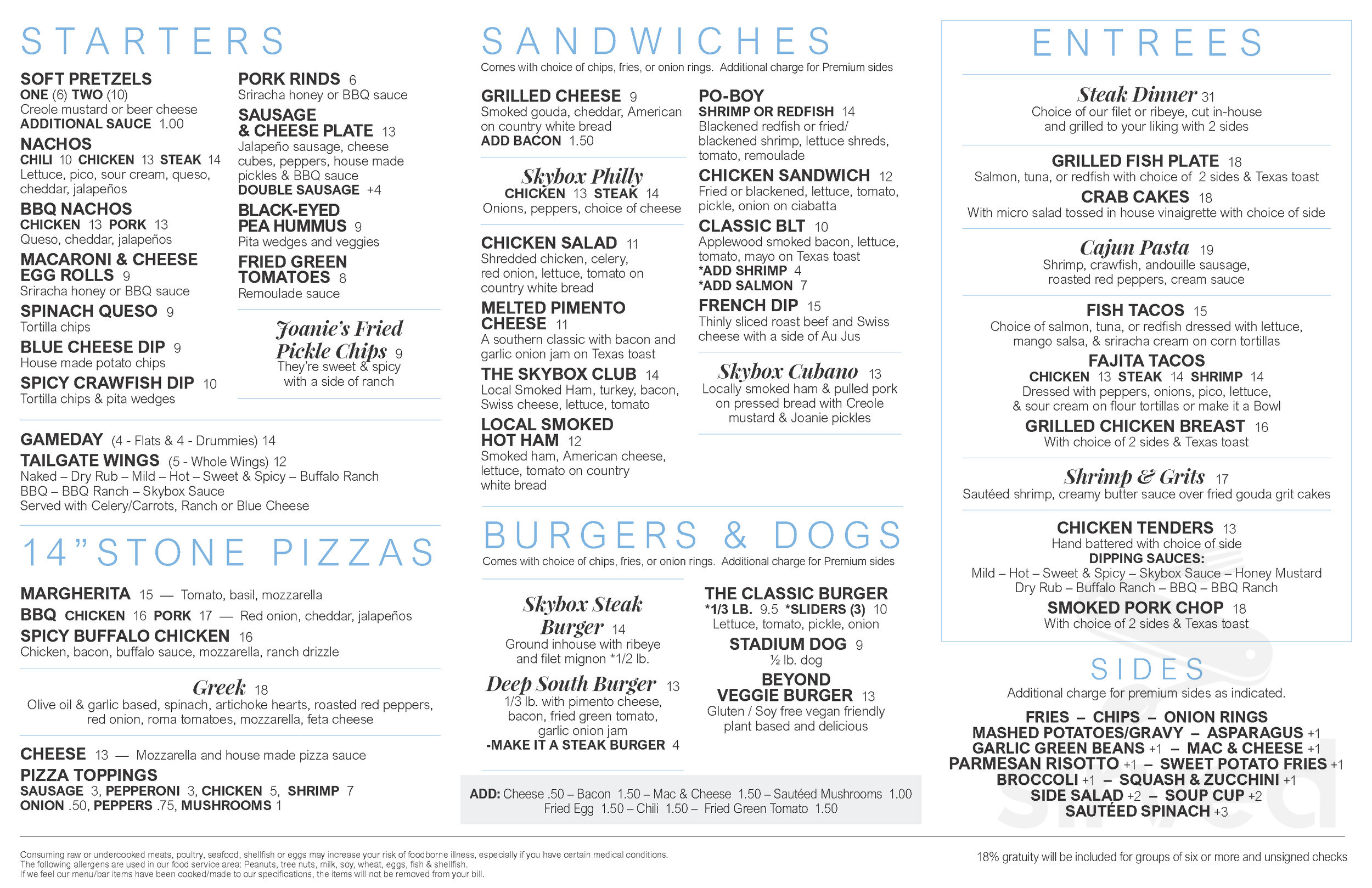 The Skybox Grill menu in Collierville, Tennessee, USA