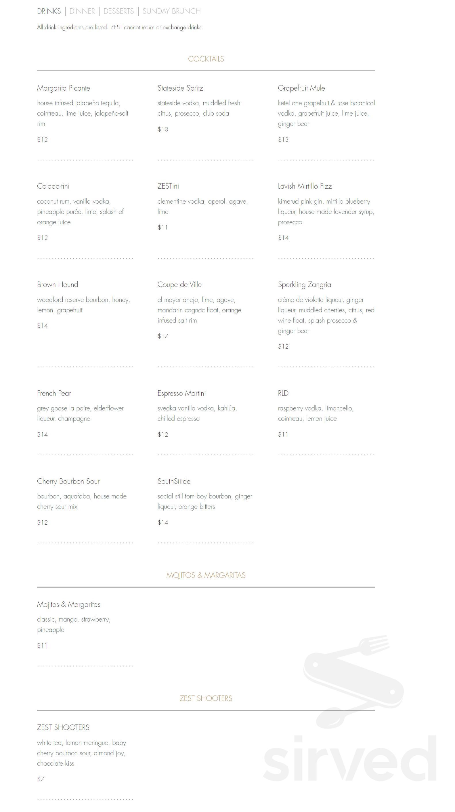 ZEST bar+grille menu in Bethlehem, Pennsylvania, USA