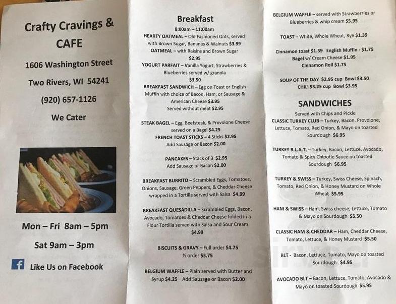 Menu - Two Rivers WI's Crafty Cravings Cafe | Sirved