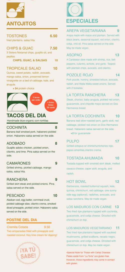 Tropicale menu in Portland, Oregon, USA