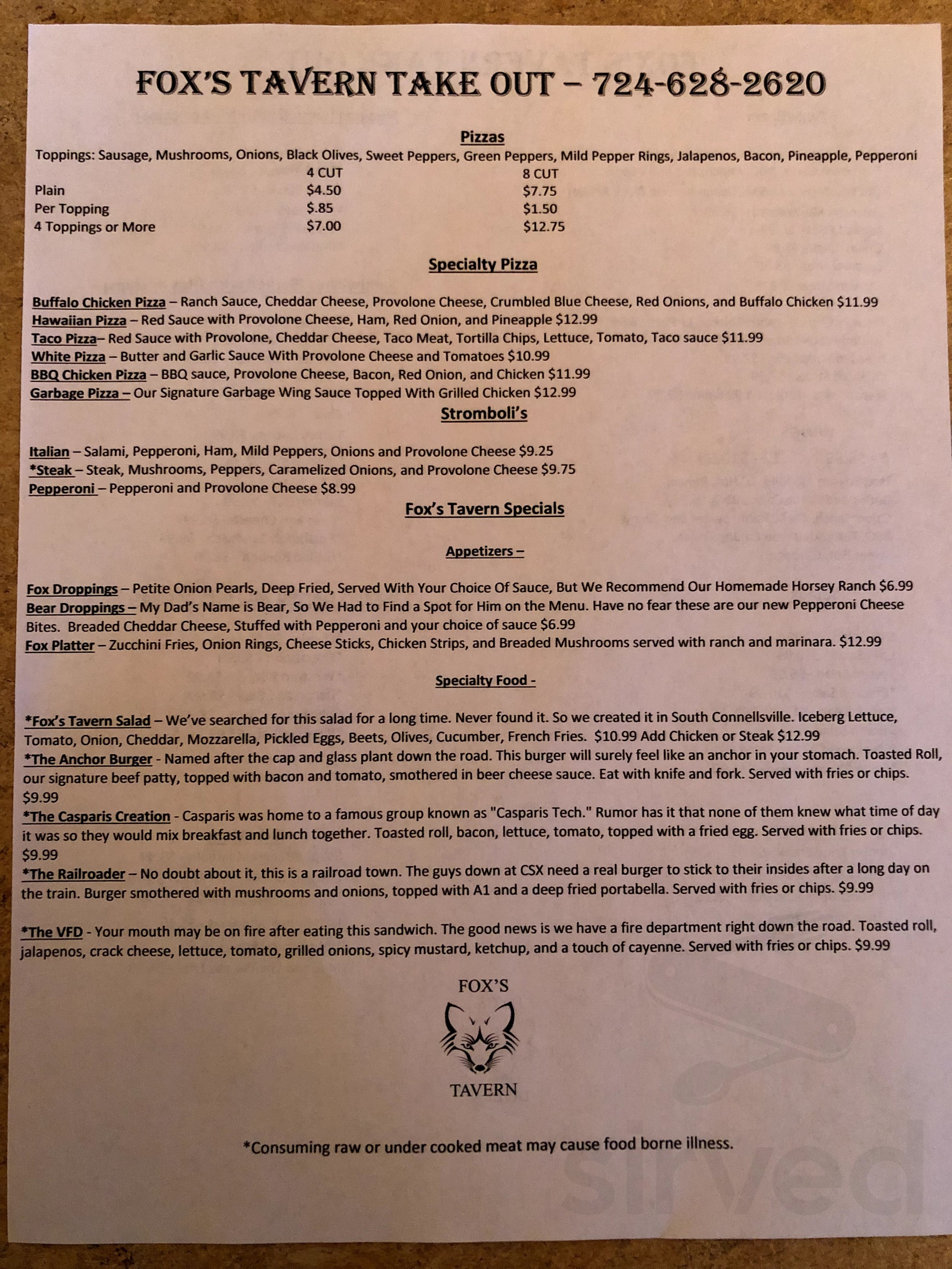 Fox’s Tavern menus in Connellsville, Pennsylvania, United States