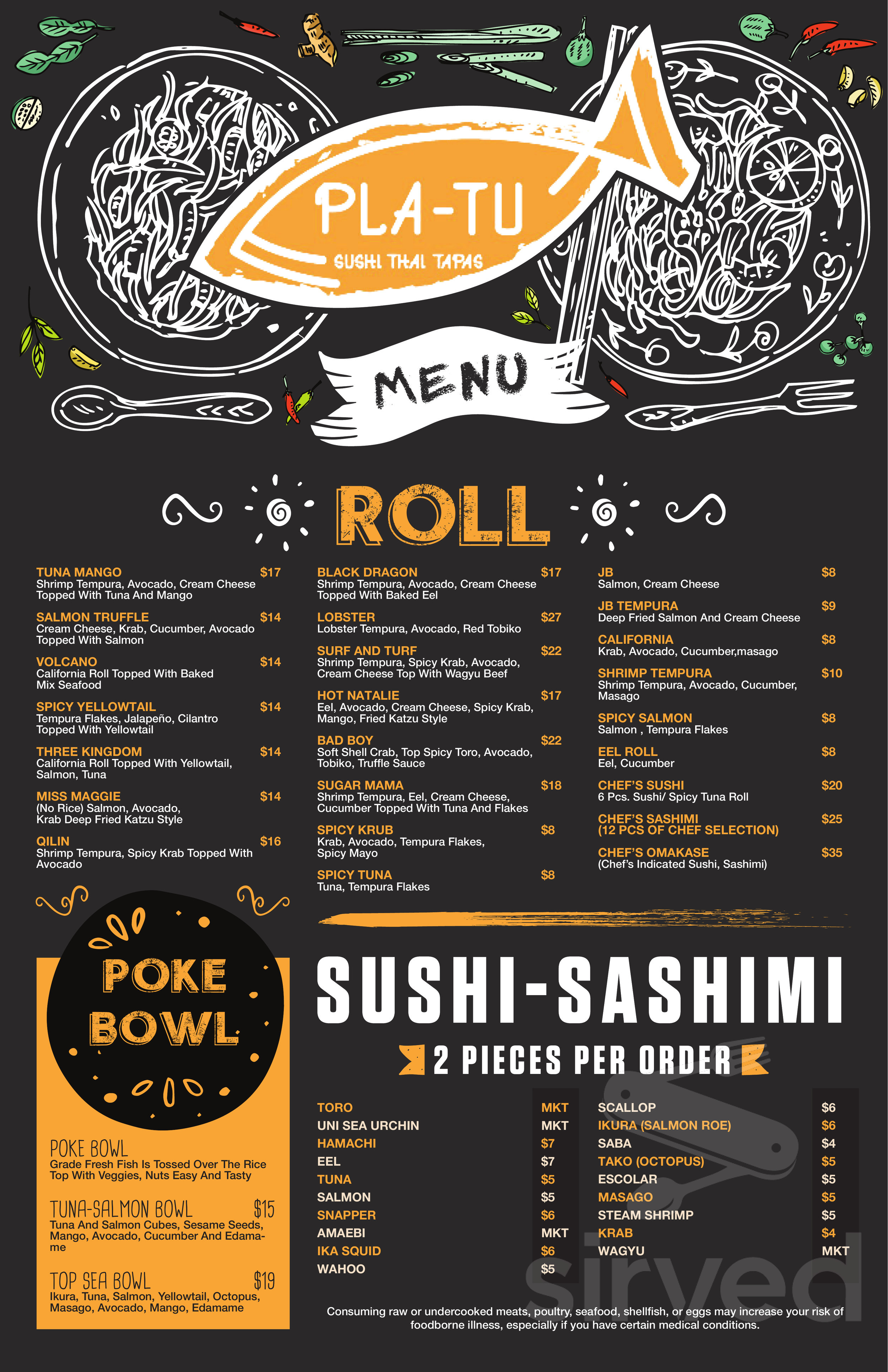 Pla-Tu Sushi Thai Tapas menu in South Miami, Florida, USA
