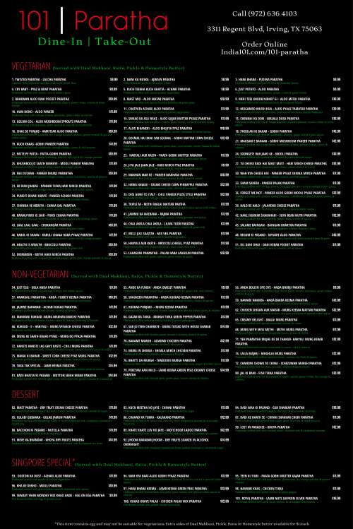 101 | Paratha menu in Irving, Texas, USA