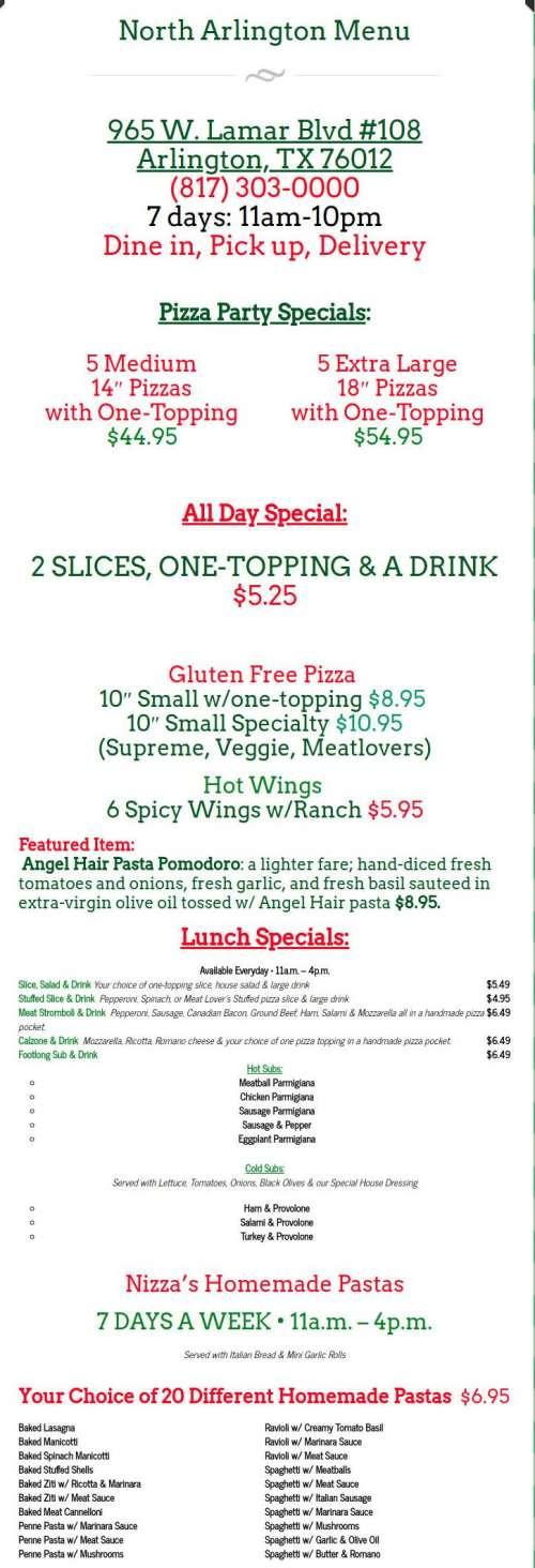 Bek's Nizza Pizza menu in Arlington, Texas, USA