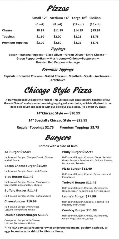 Leone's Pizza menu in Oakmont, Pennsylvania, USA