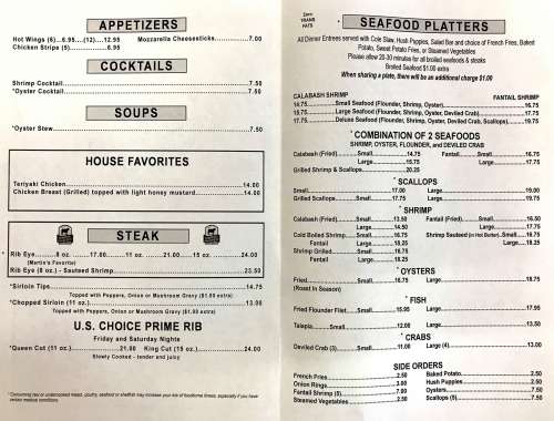 Dry Dock Seafood menu in Mullins, South Carolina, USA