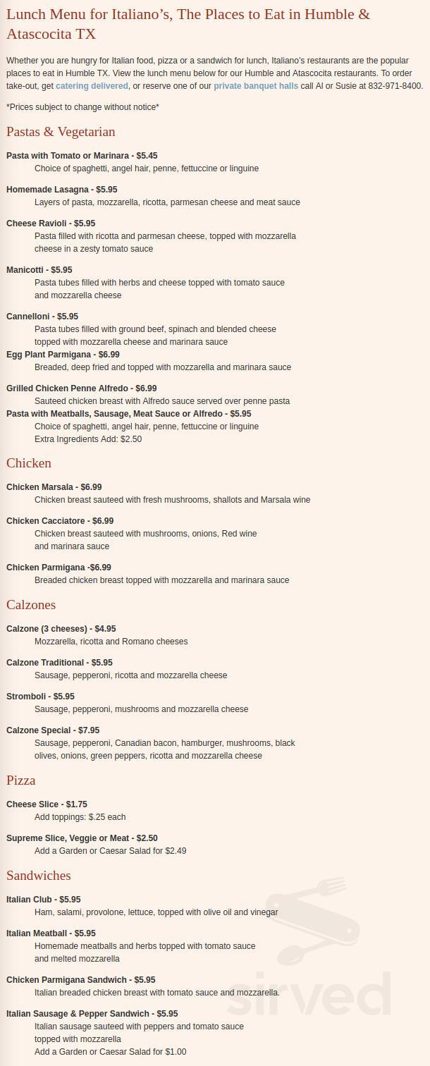 Menu for Italiano's in Kingwood, TX | Sirved
