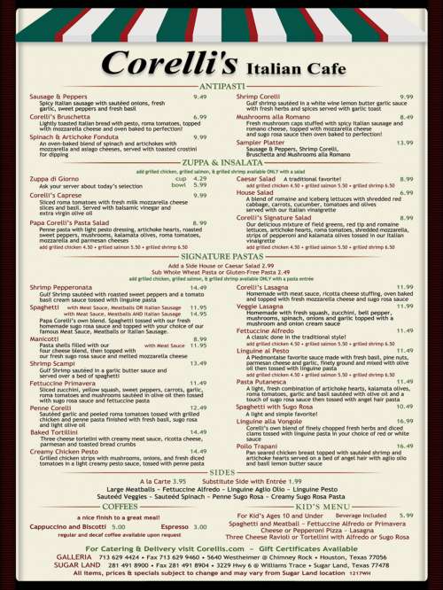 Corelli's Italian Cafe menu in Sugar Land, Texas, USA