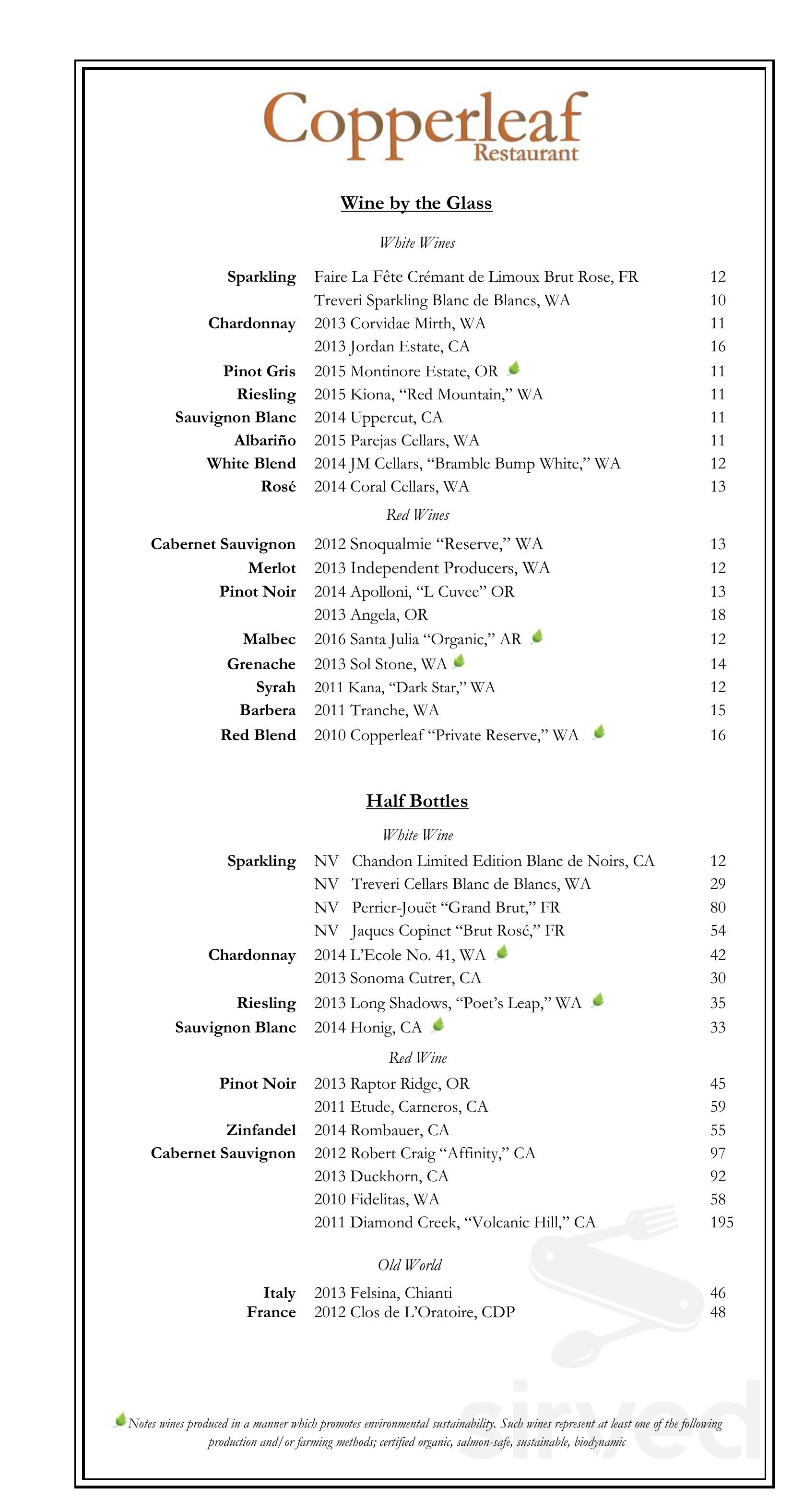 Copperleaf Restaurant & Bar menu in SeaTac, Washington, USA